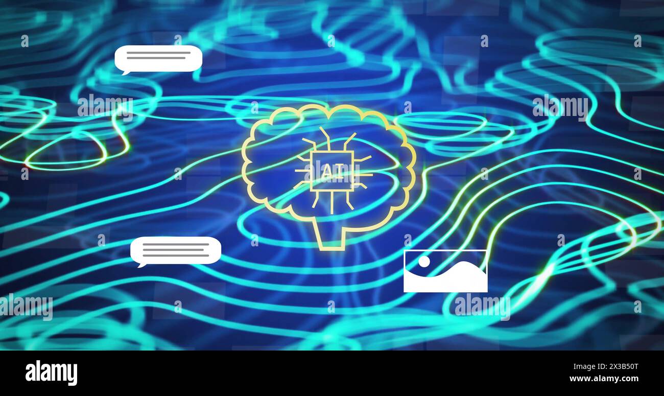 Image of ai data processing over blue glowing lines on dark background ...