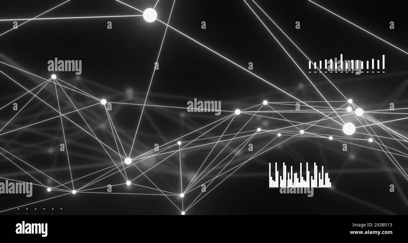 Image of network of connections and diagrams on black background Stock ...