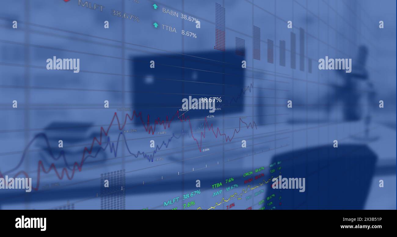 Image of financial data processing over office with computer on desk ...