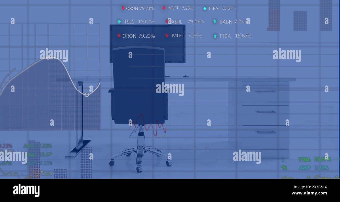 Image of financial data processing over office with computer on desk ...