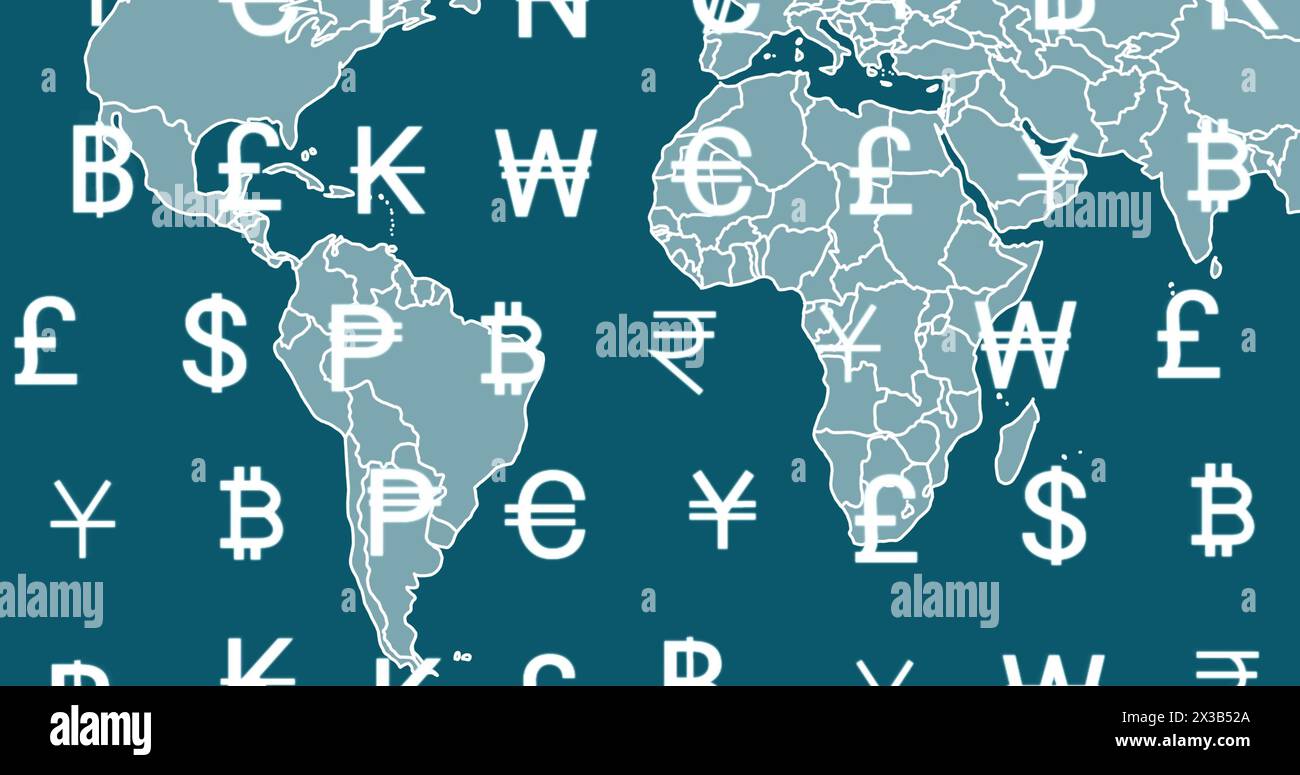 Image of international currency symbols moving over blue world map ...