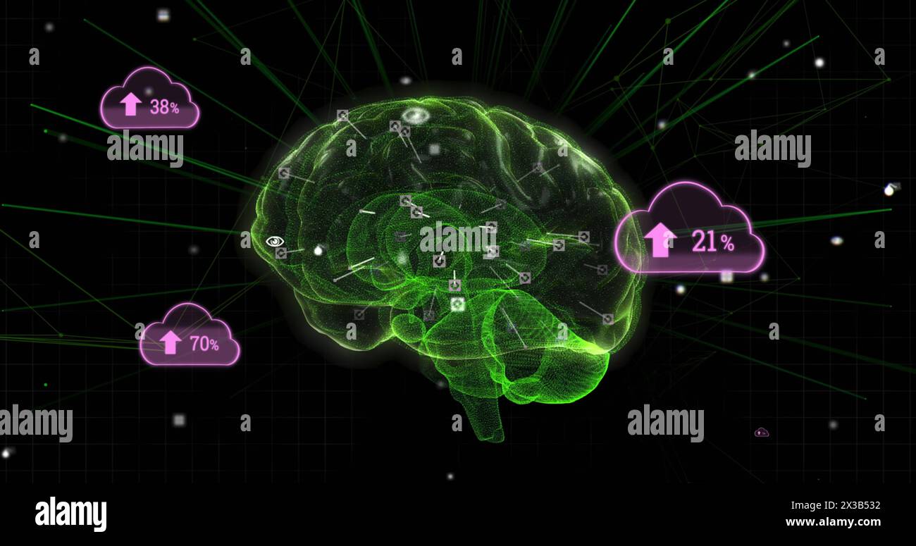 Image of glowing human brain with numbers processing on clouds Stock ...