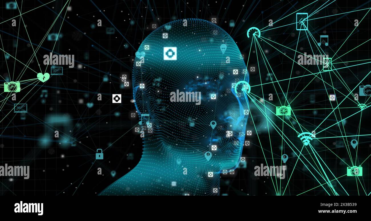 Image of human head spinning with digital interface connections ...