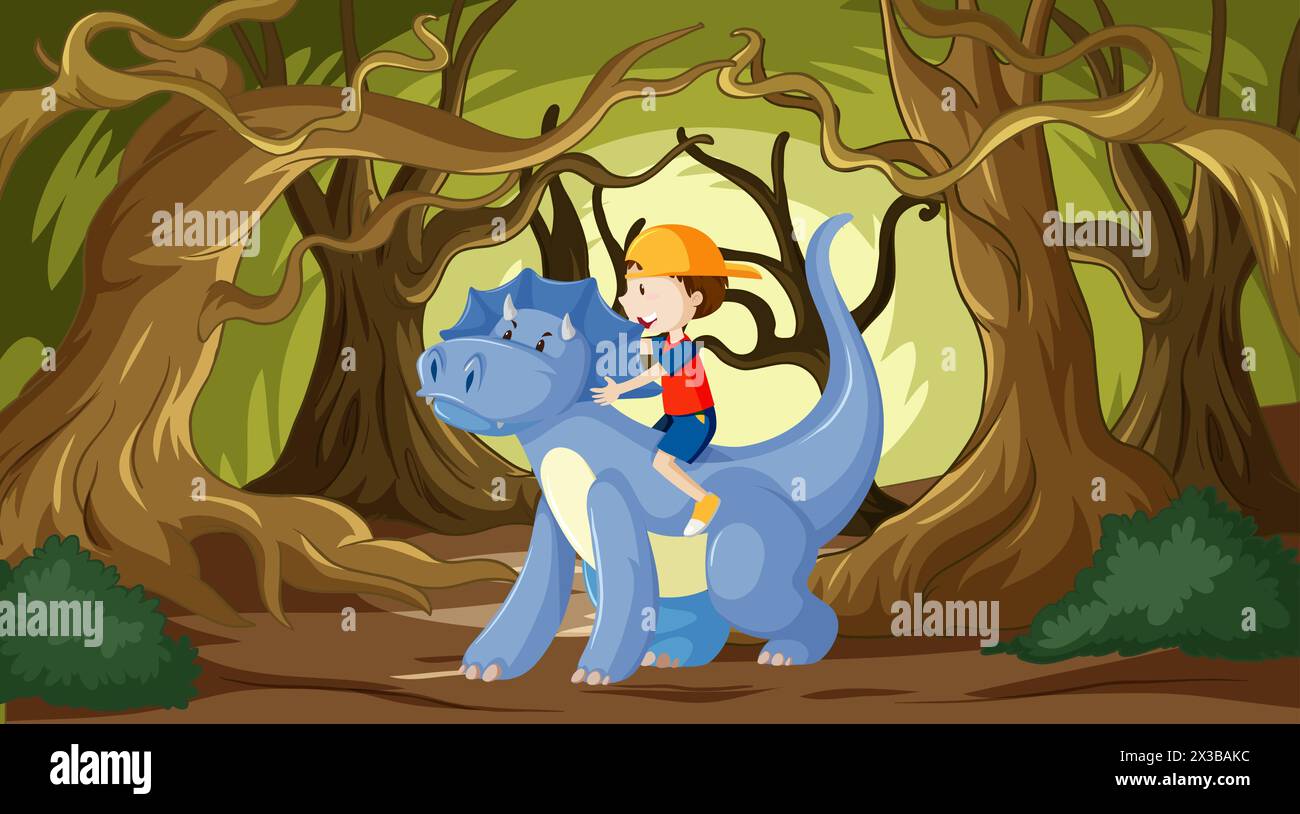 Young boy rides a friendly blue dragon in woods Stock Vector Image ...