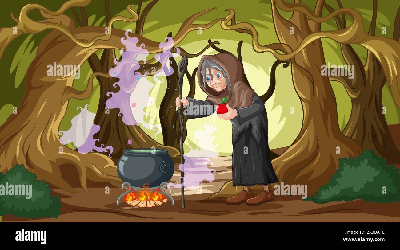 Witch with cauldron in a mystical forest scene Stock Vector Image & Art ...