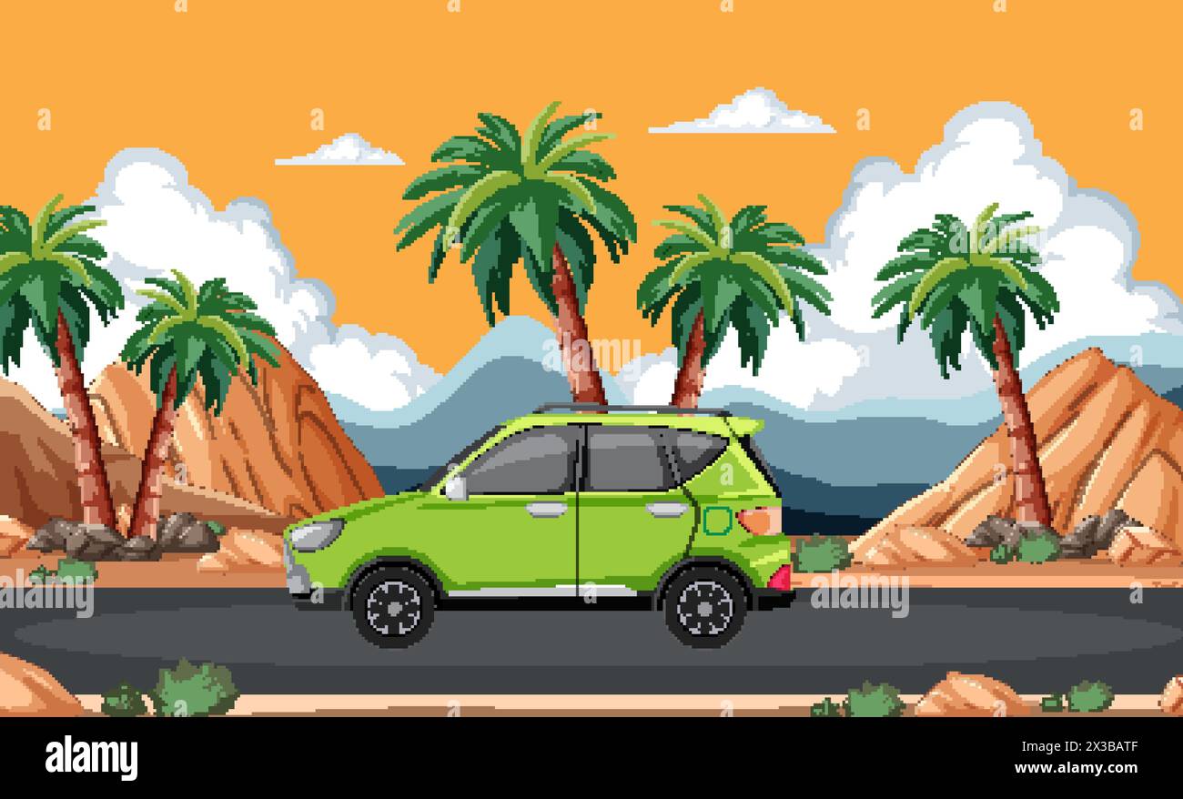Vector illustration of a car traveling in a desert Stock Vector Image ...