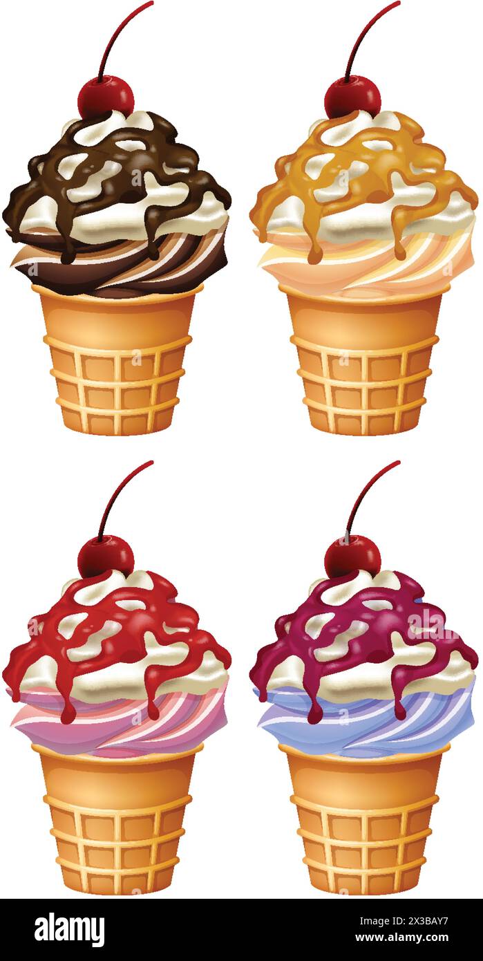 Four colorful ice cream cones with different syrups Stock Vector Image ...