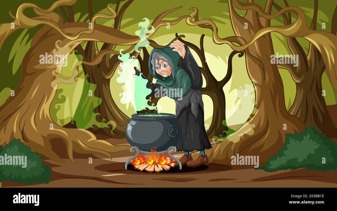 Witch stirring a cauldron in a mystical forest Stock Vector Image & Art ...