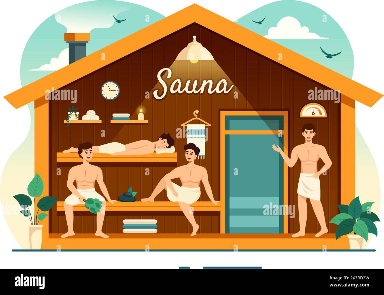 Sauna and Steam Room Vector Illustration with People Relax, Washing Their Bodies or Enjoying ...