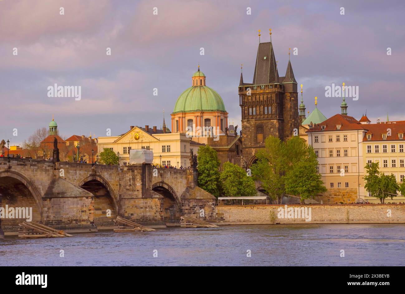 View of old town with Charles Bridge (Karluv Most) on Vltava river and Old Town Bridge Tower ...