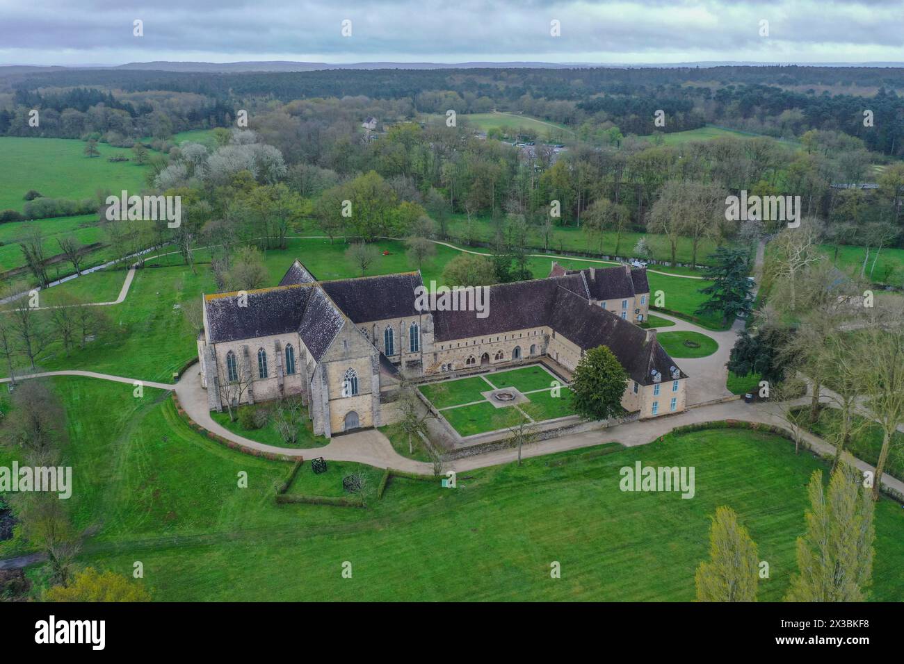 Aerial view of the Cistercian monastery Abbaye Royal de l'Epau, Le Mans ...