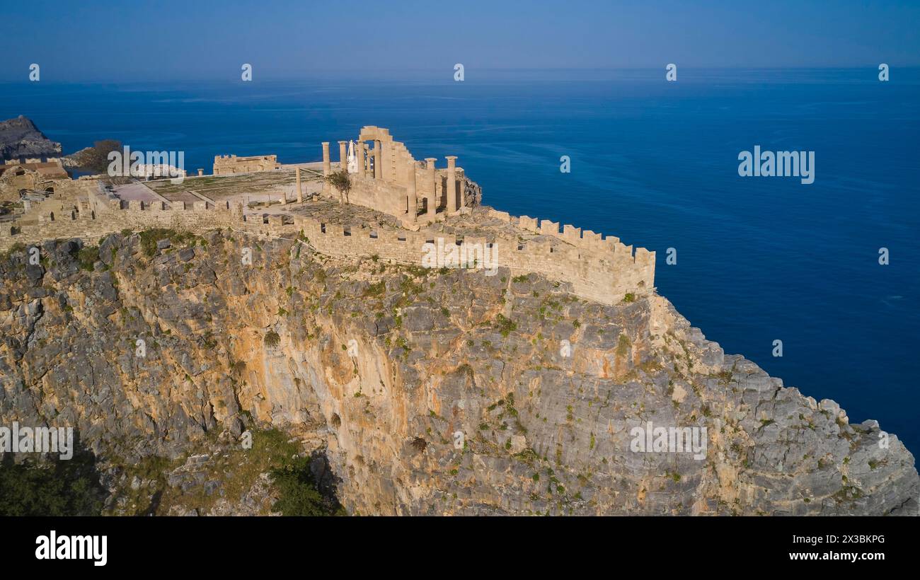 Drone shot, Acropolis of Lindos, Late afternoon light, Remains of an ...