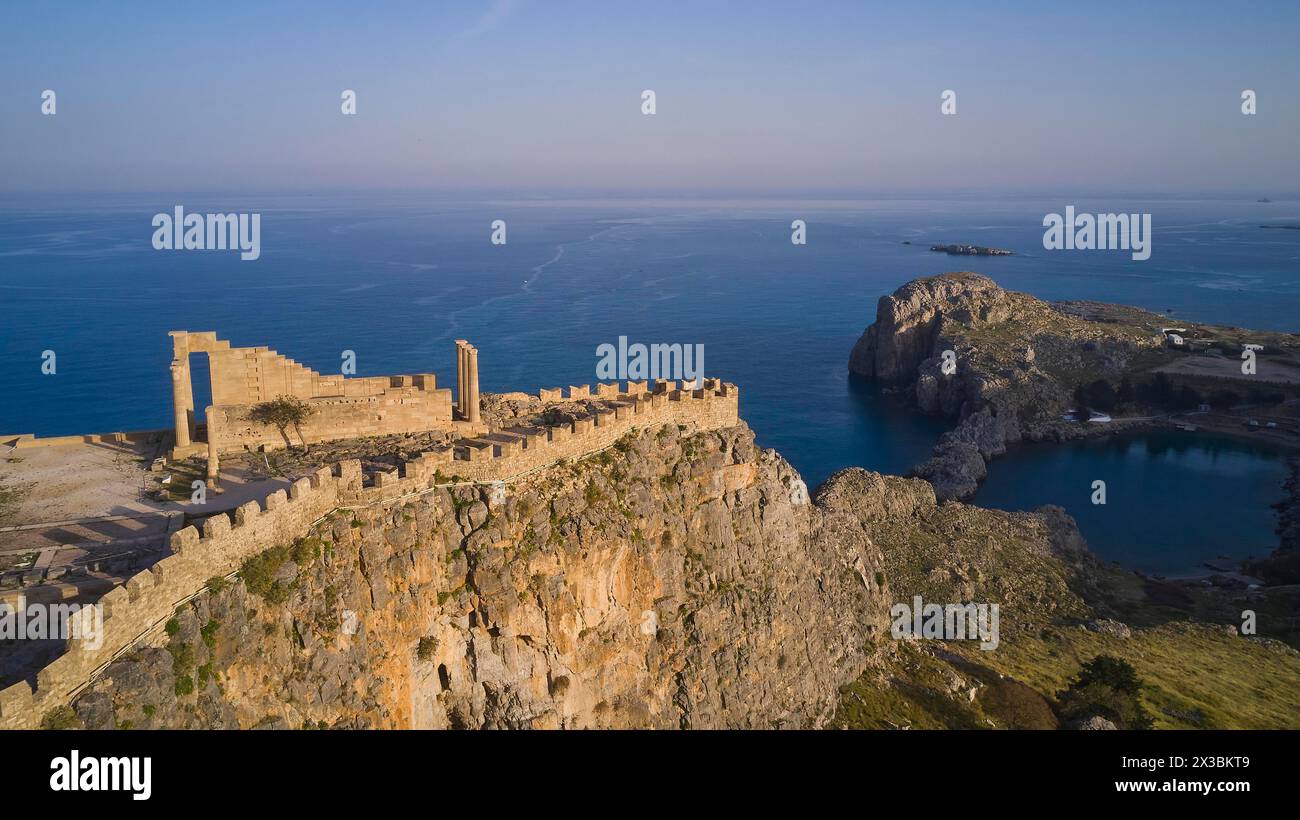 Drone shot, Acropolis of Lindos, Late afternoon light, Temple of Athena ...