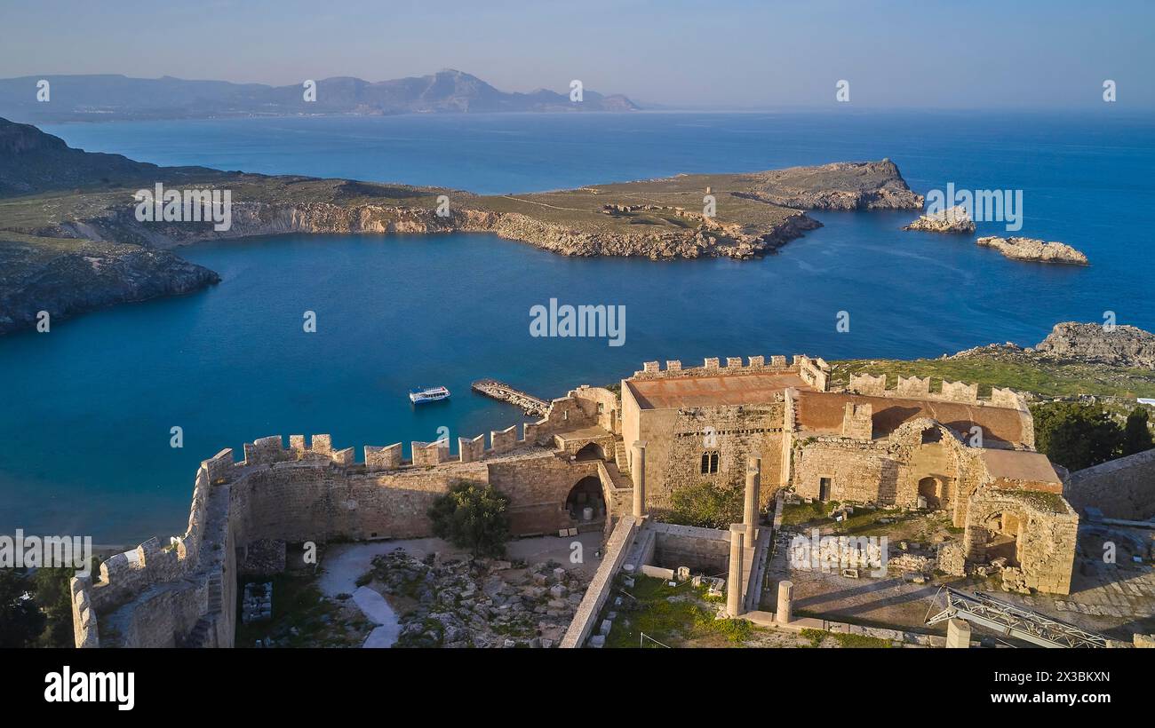 Drone shot, Acropolis of Lindos, Late afternoon light, Rock fortified ...