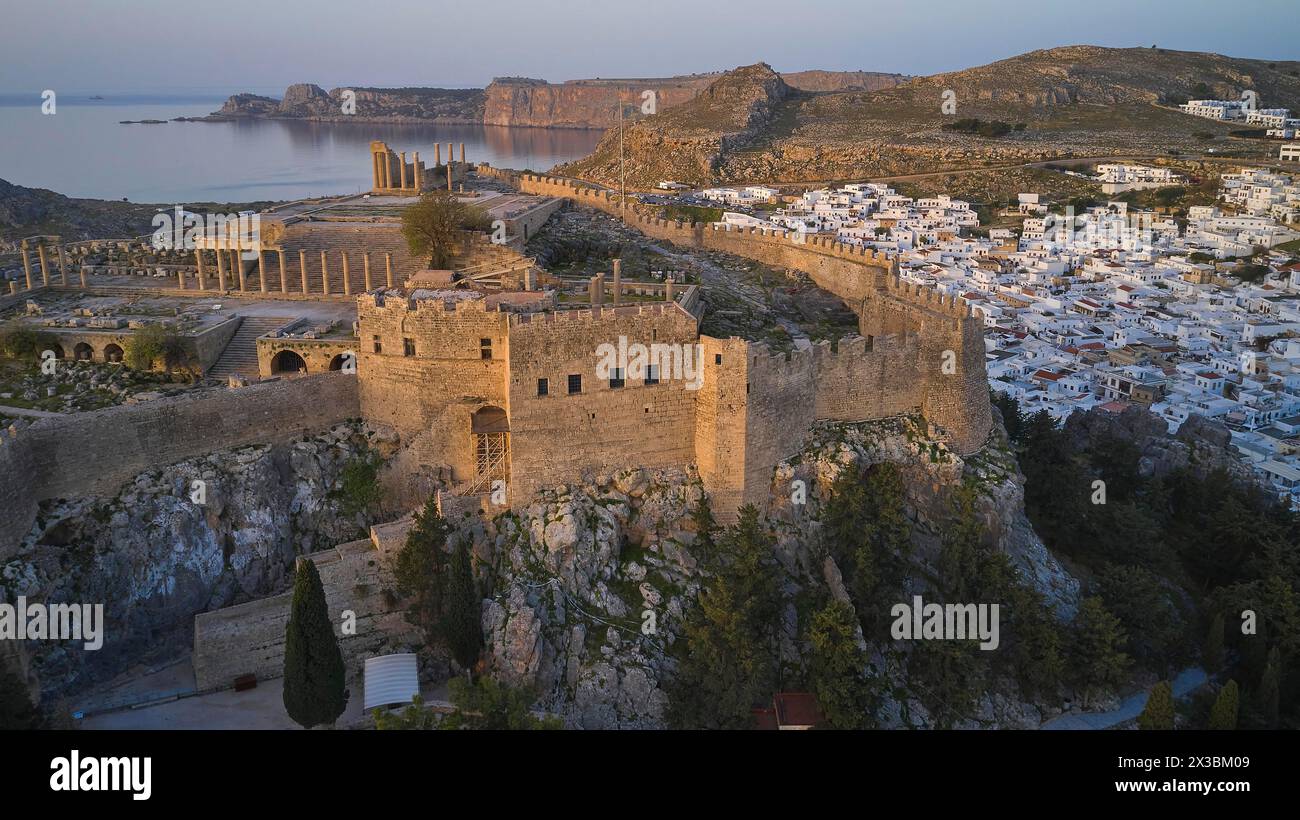 Drone shot, first morning light, Lindos, Acropolis of Lindos, Propylaea ...