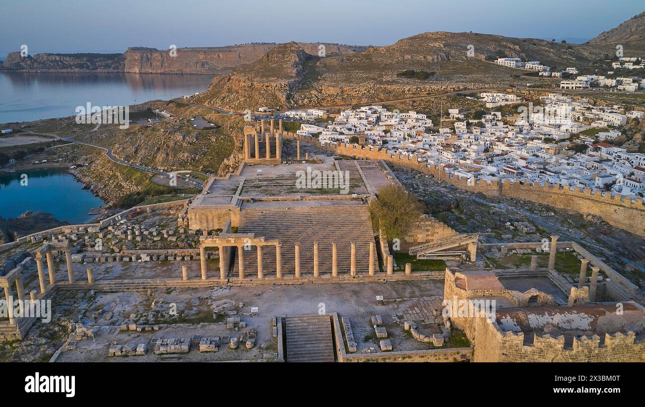 Drone shot, first morning light, Lindos, Acropolis of Lindos, Propylaea ...