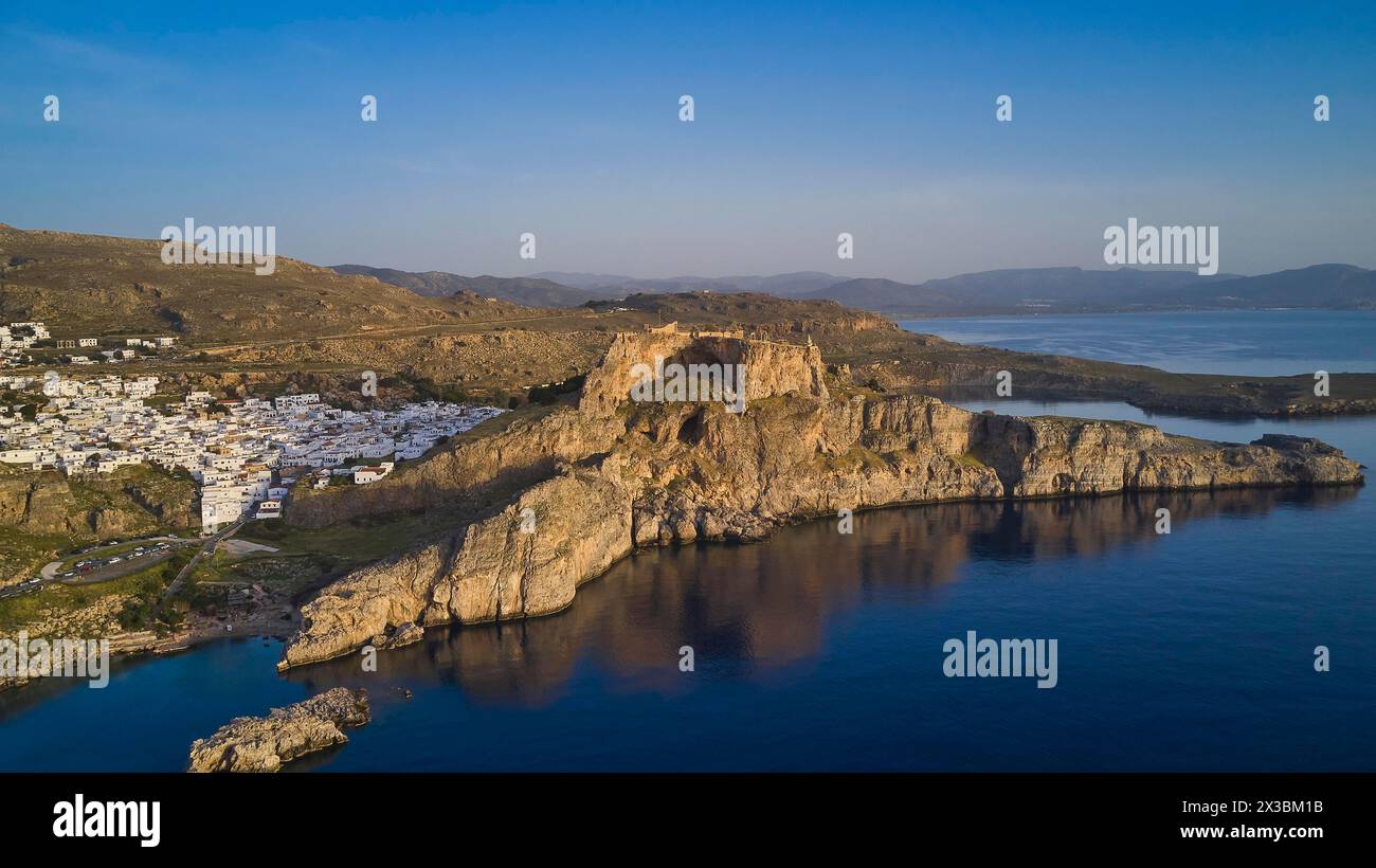 Drone shot, first morning light, Lindos, Acropolis of Lindos, panoramic ...