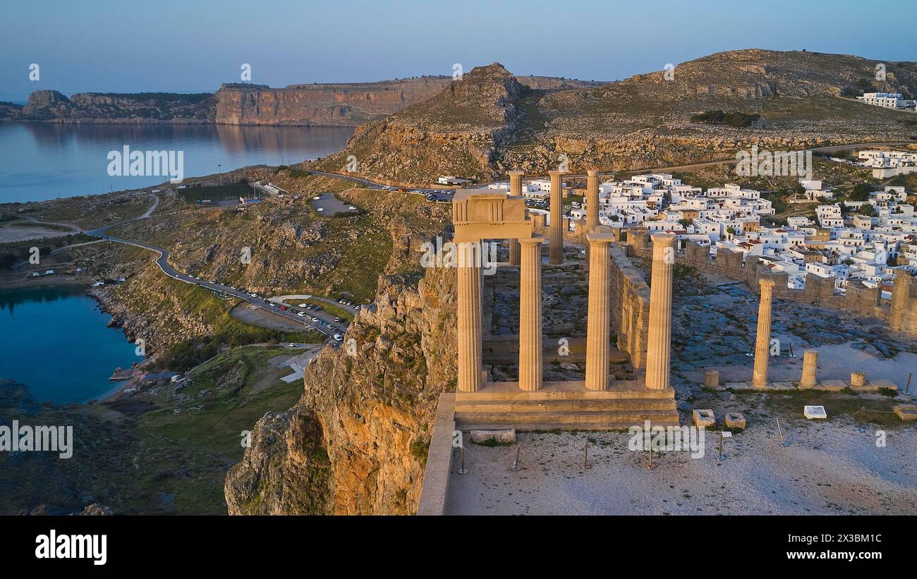 Drone shot, first morning light, Lindos, Acropolis of Lindos, Temple of ...
