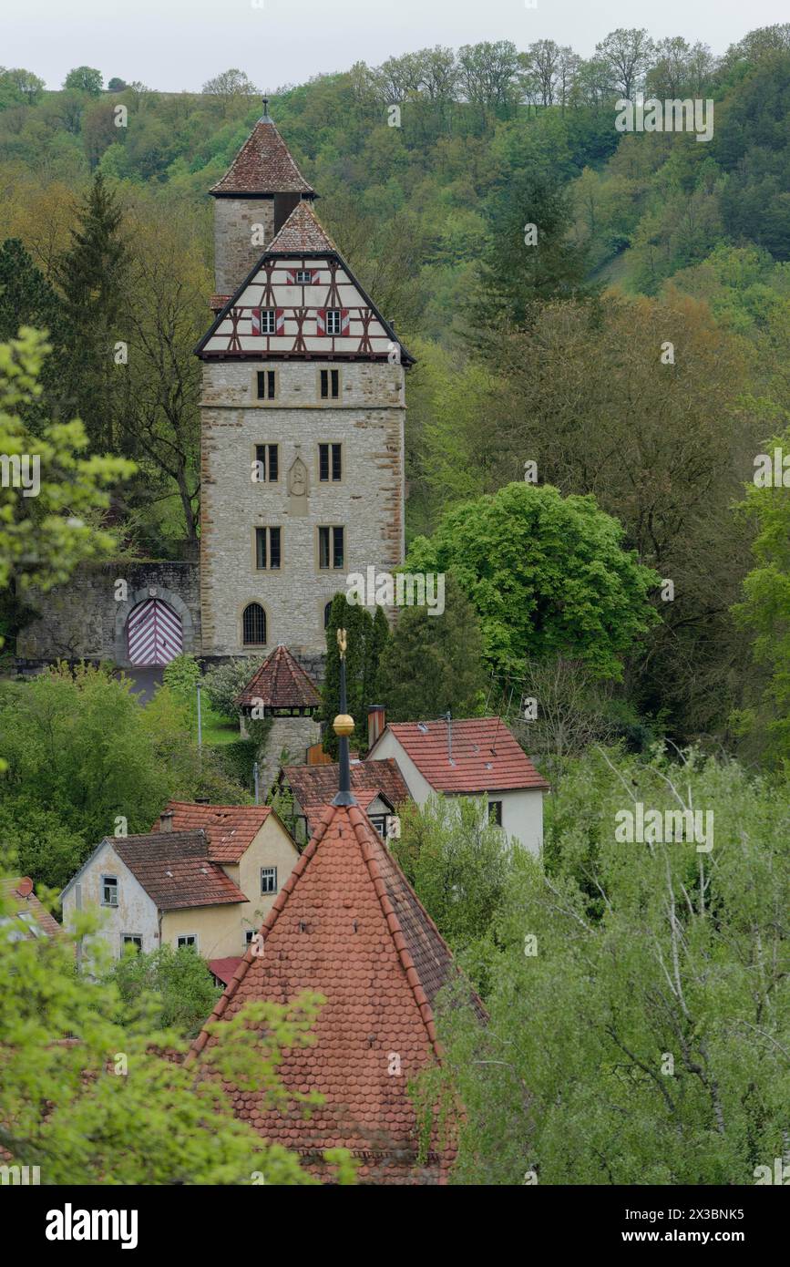 Buchenbach Castle, stone tower, tower, stone, building, half-timbered tower, half-timbered ...