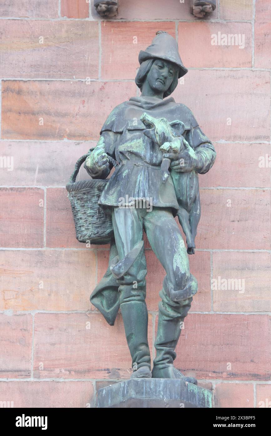 Sculpture farmer, statue, figure, pig, carry, hold, basket, hat, bronze ...