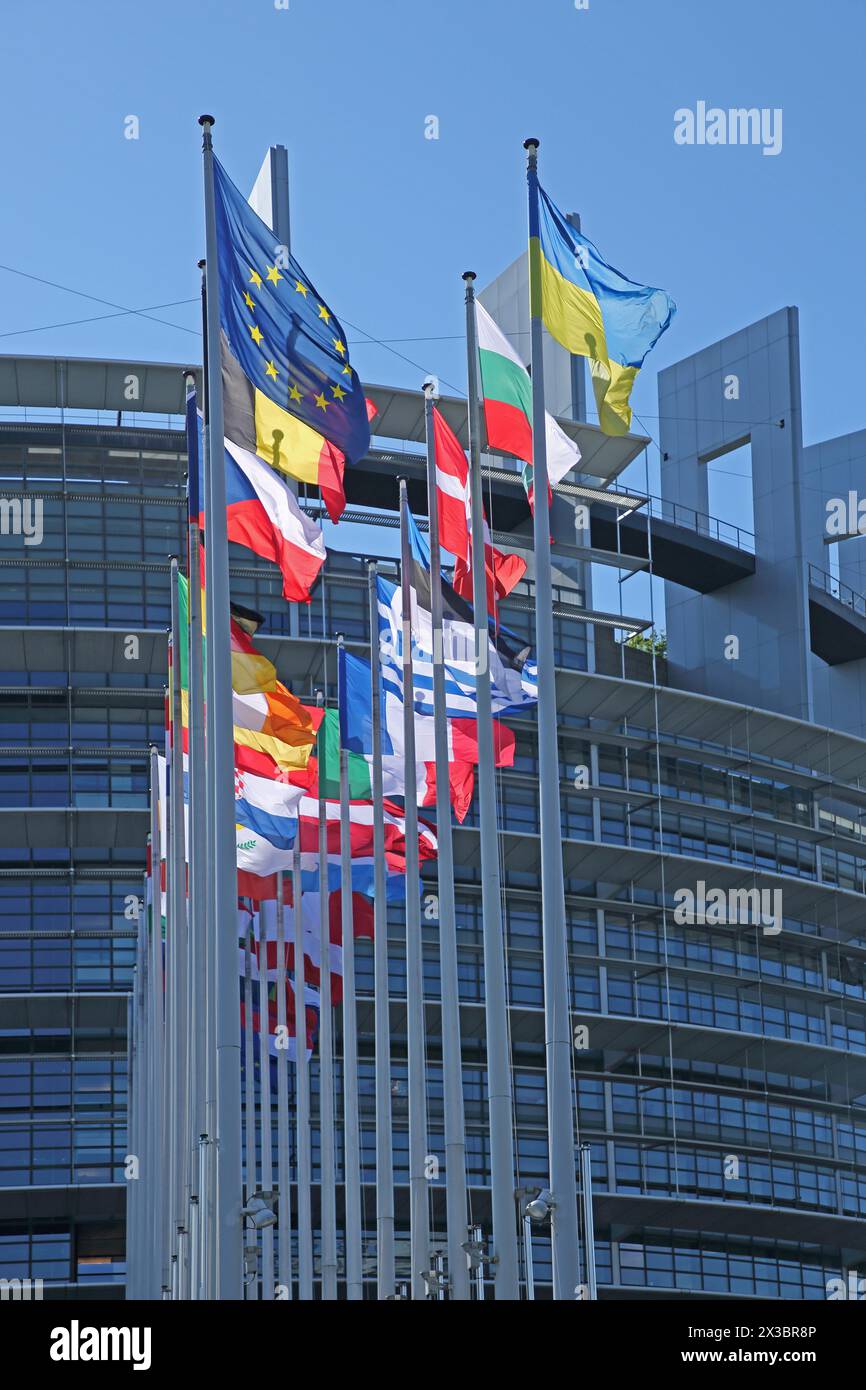 National flags at the EU Parliament, flags, Ukrainian, flagpole ...