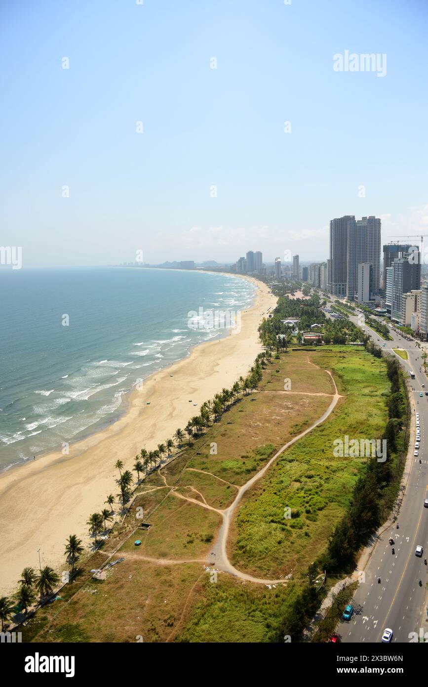 Aerial view of the beach and beachfront skyline in Da Nang, Vietnam ...
