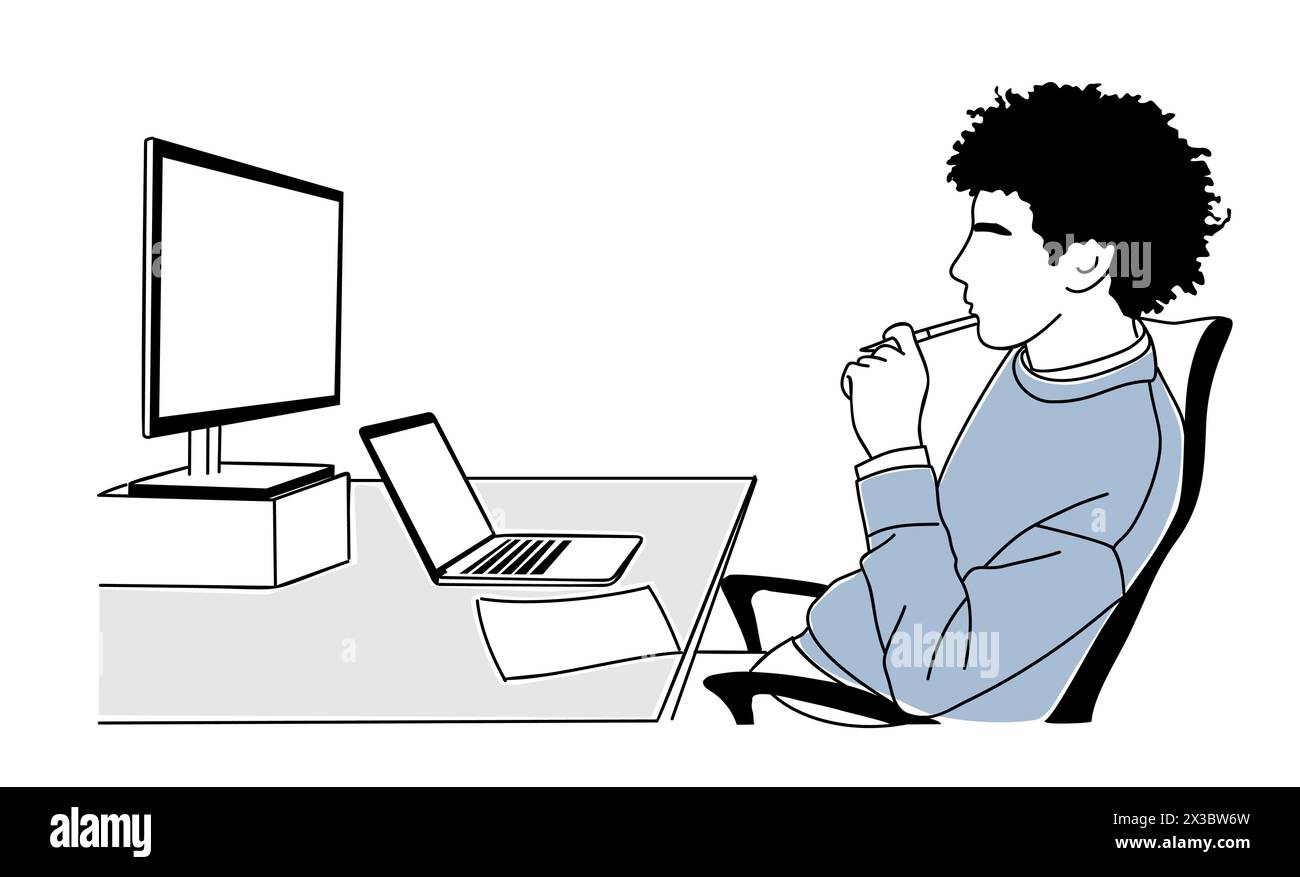 Young man thinking working computer Stock Vector Images - Alamy