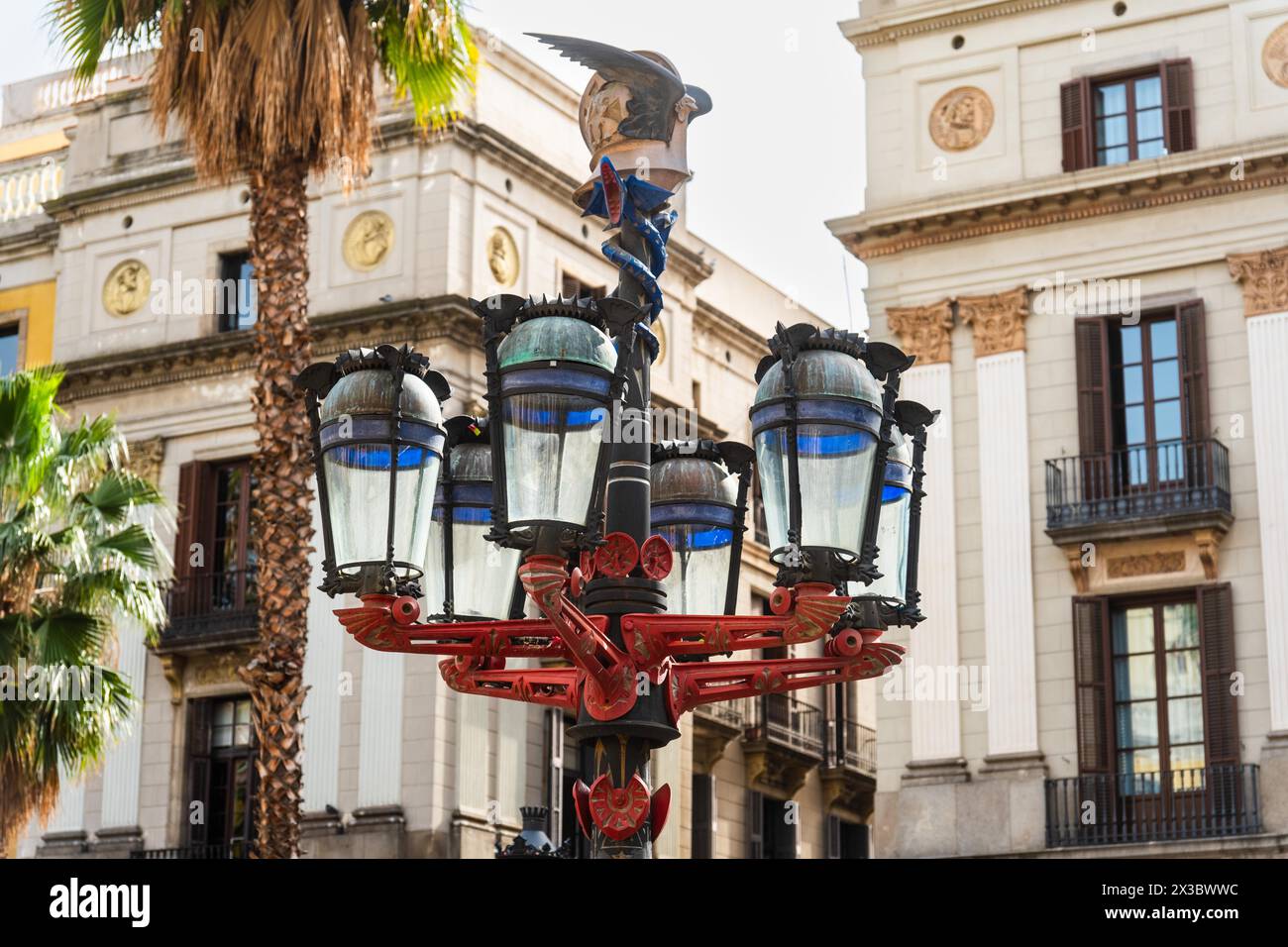 Lantern designed by Gaudi on the Placa Reial in Barcelona, Spain Stock ...