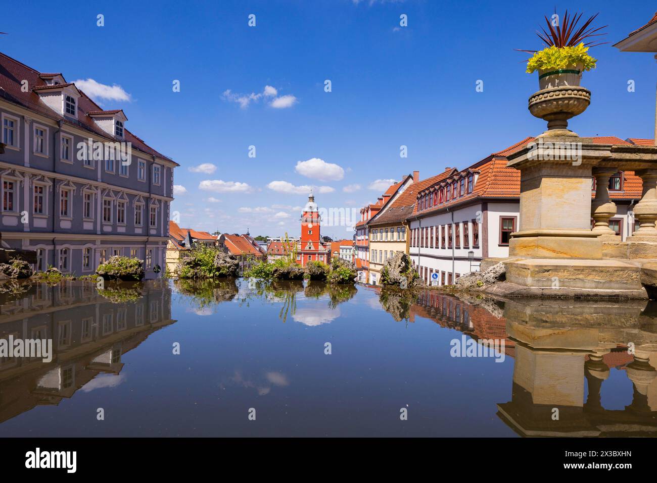 Water art and town hall tower, Gotha, Thuringia, Germany Stock Photo ...