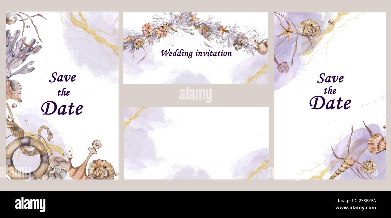 Sat Marine-themed Wedding Invitation cards. Seashells, Seaweed. Watercolor illustration. Lilac ...