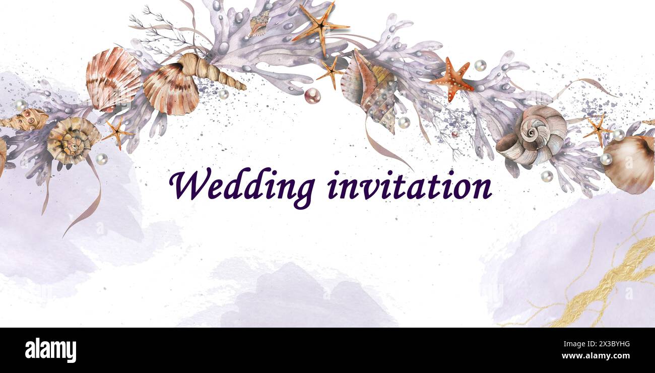 Marine-themed Wedding Invitation card. Seashells, Seaweed. Watercolor ...