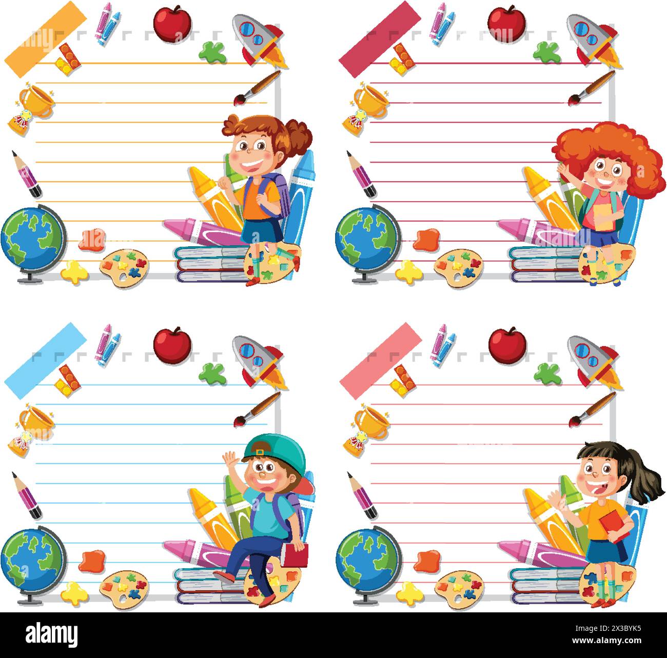 Four vibrant school-themed labels with cheerful children Stock Vector ...