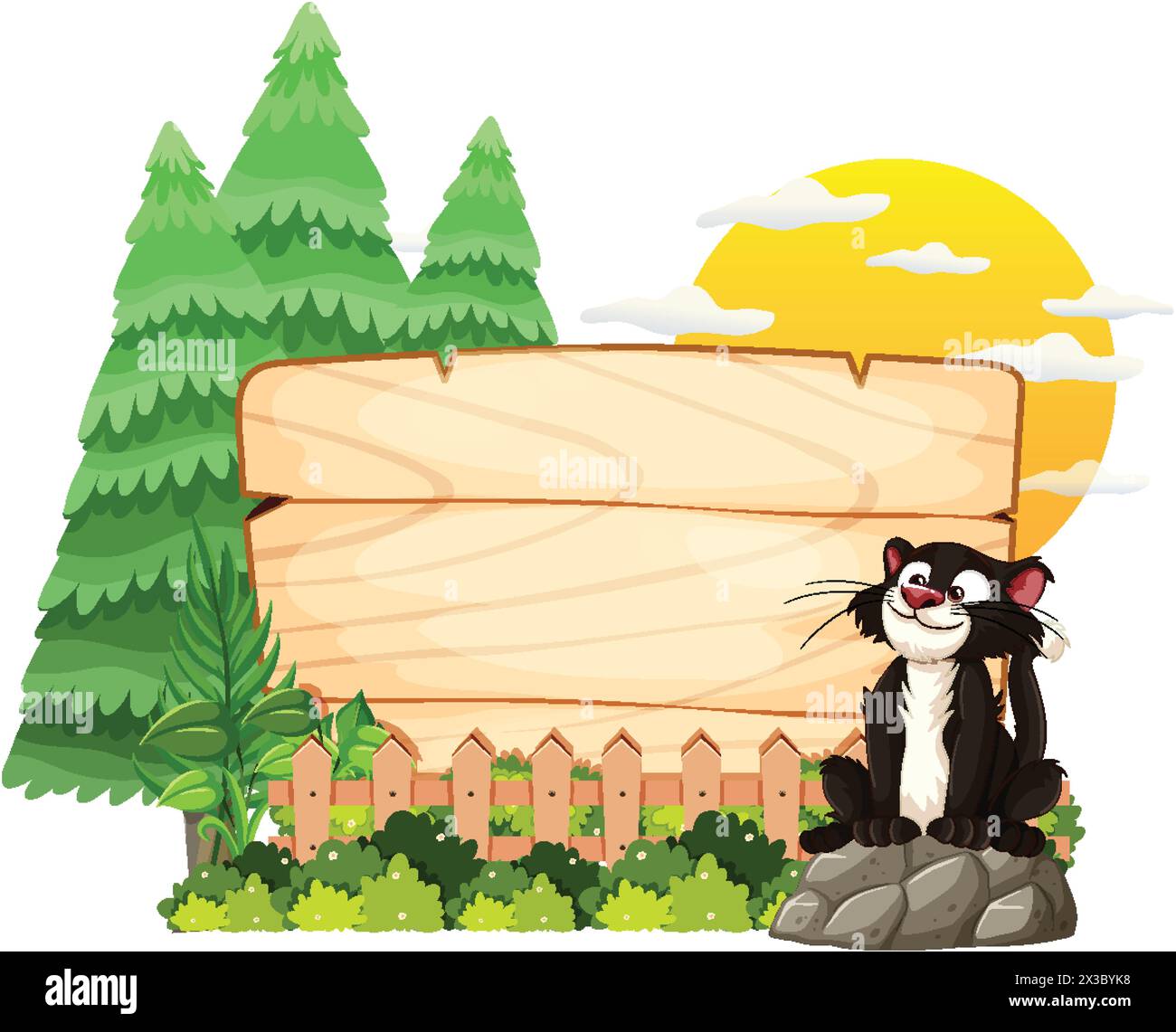 Cartoon cat sitting by a wooden sign in forest Stock Vector Image & Art ...