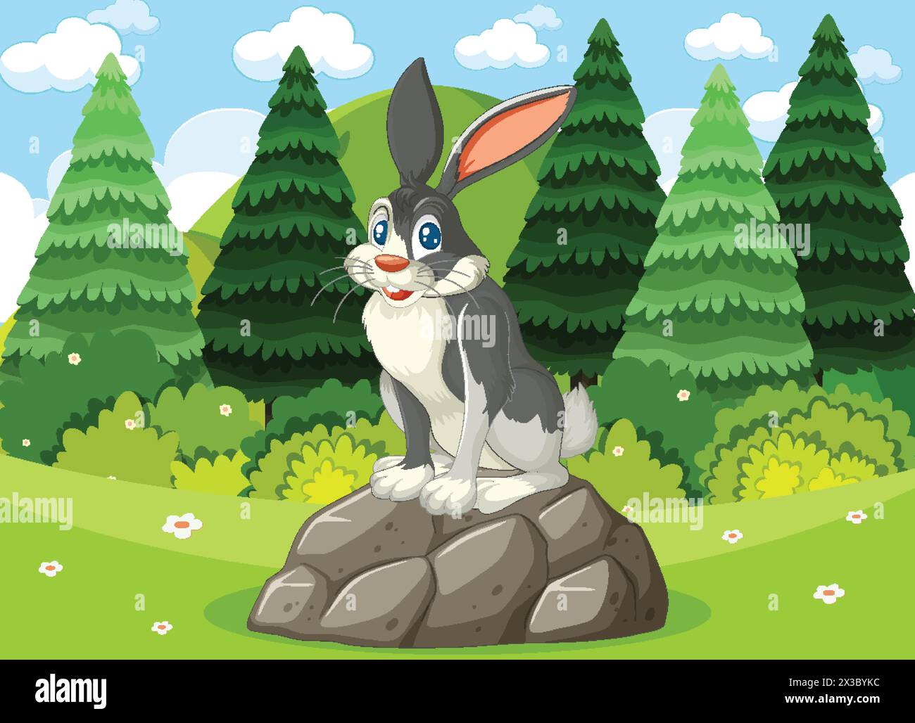 A happy rabbit sitting on rocks among trees Stock Vector Image & Art ...