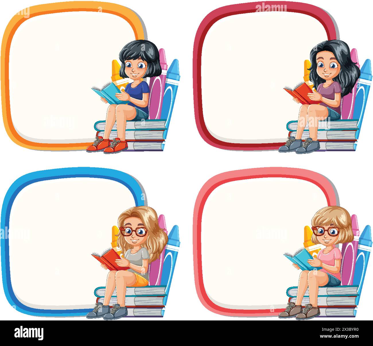 Four cartoon kids reading books, framed separately Stock Vector Image ...
