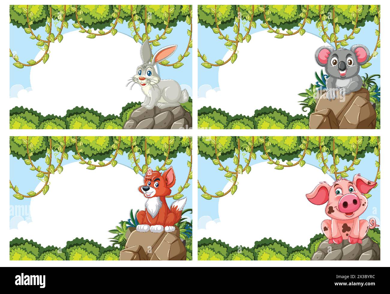 Four cartoon animals in a vibrant forest setting Stock Vector Image ...