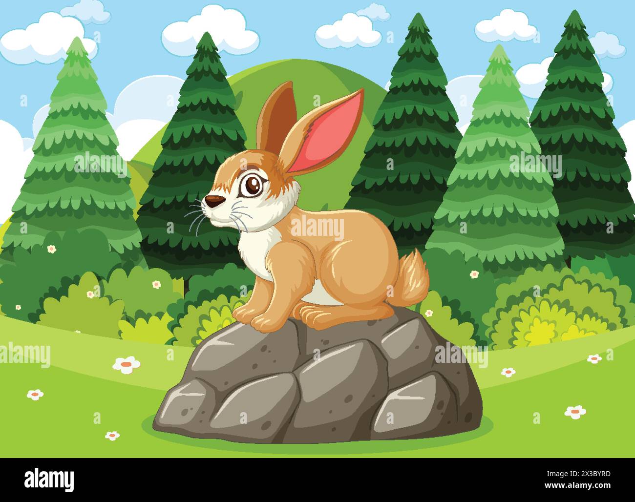 Cute rabbit sitting on rocks in a forest clearing Stock Vector Image ...
