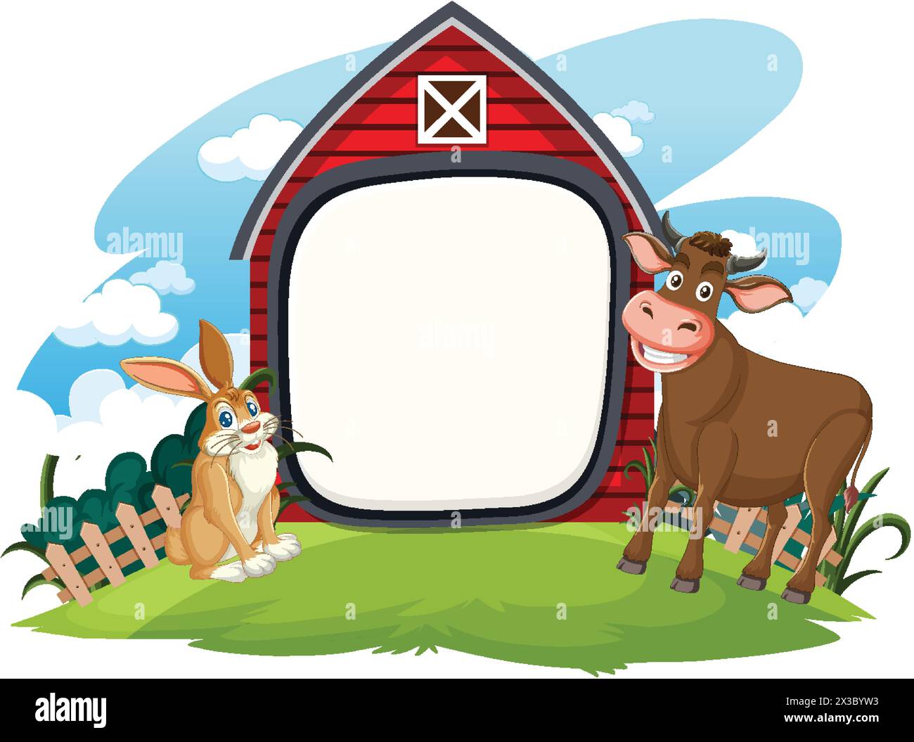 Cartoon cow and rabbit beside a barn frame Stock Vector Image & Art - Alamy