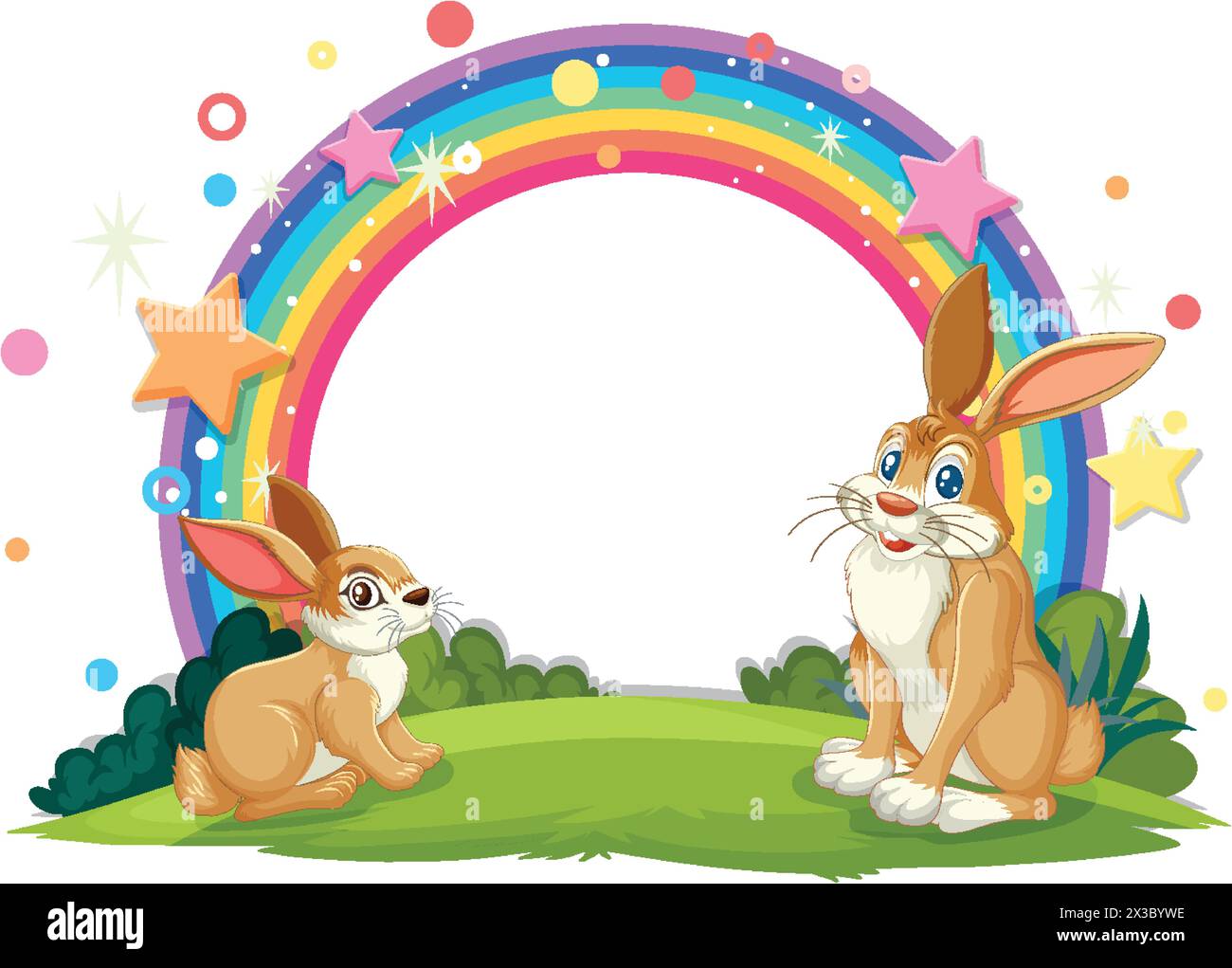Two cartoon rabbits under a colorful rainbow arch Stock Vector Image ...