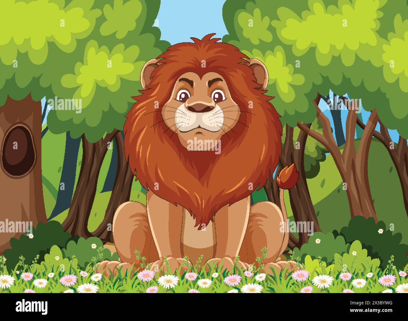 Cartoon lion surrounded by vibrant forest flora Stock Vector Image ...