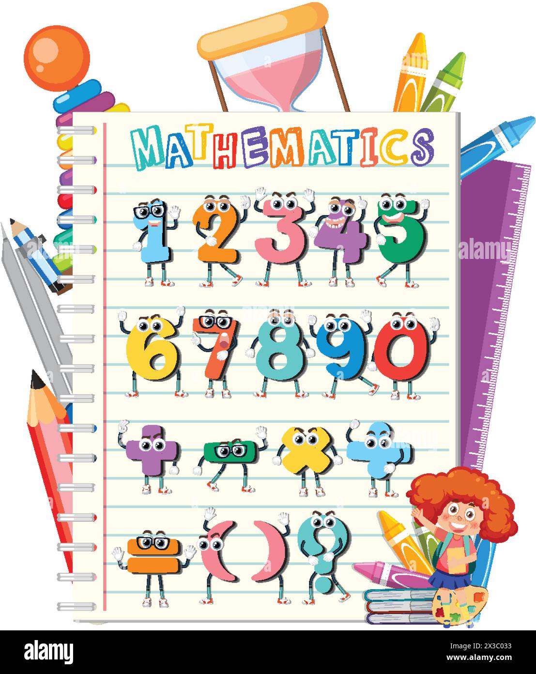 Animated numbers and teacher on a notebook background Stock Vector ...