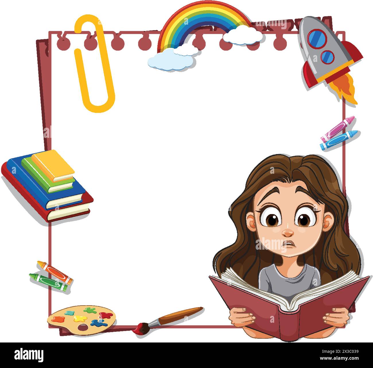 Girl reading surrounded by symbols of creativity Stock Vector Image ...