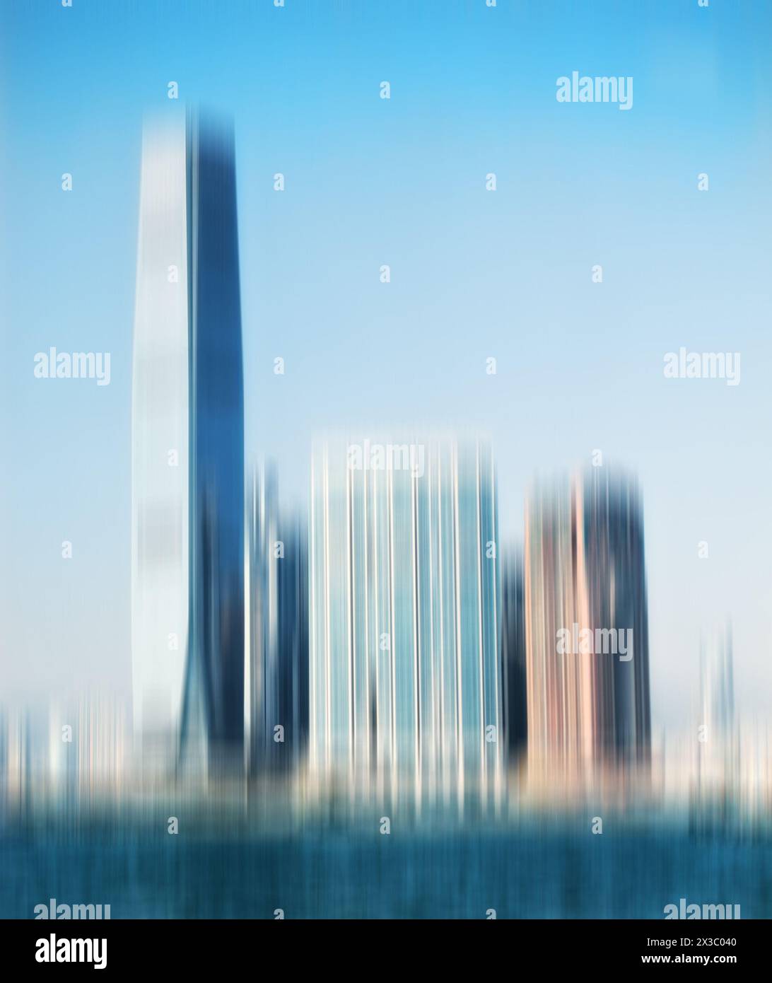 City, buildings and motion blur with skyscraper for background ...