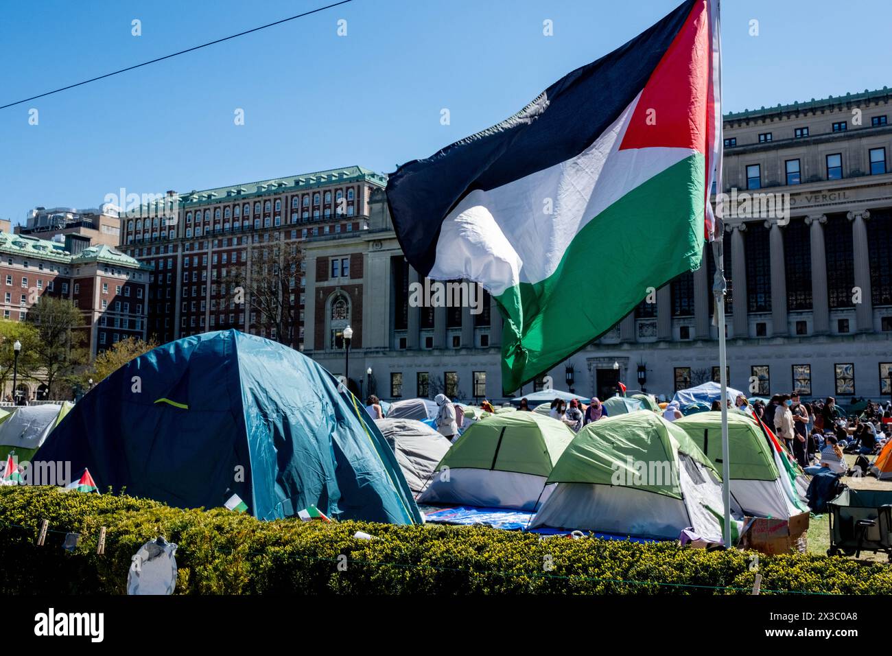 New York, United States. 25th Apr, 2024. The Palestinian flag raised ...