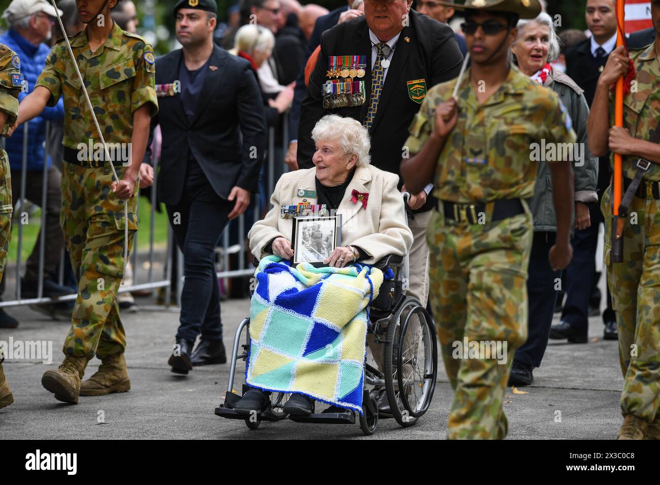 Melbourne, Australia. 25th Apr, 2024. 87 year old Betty Quee is taking ...