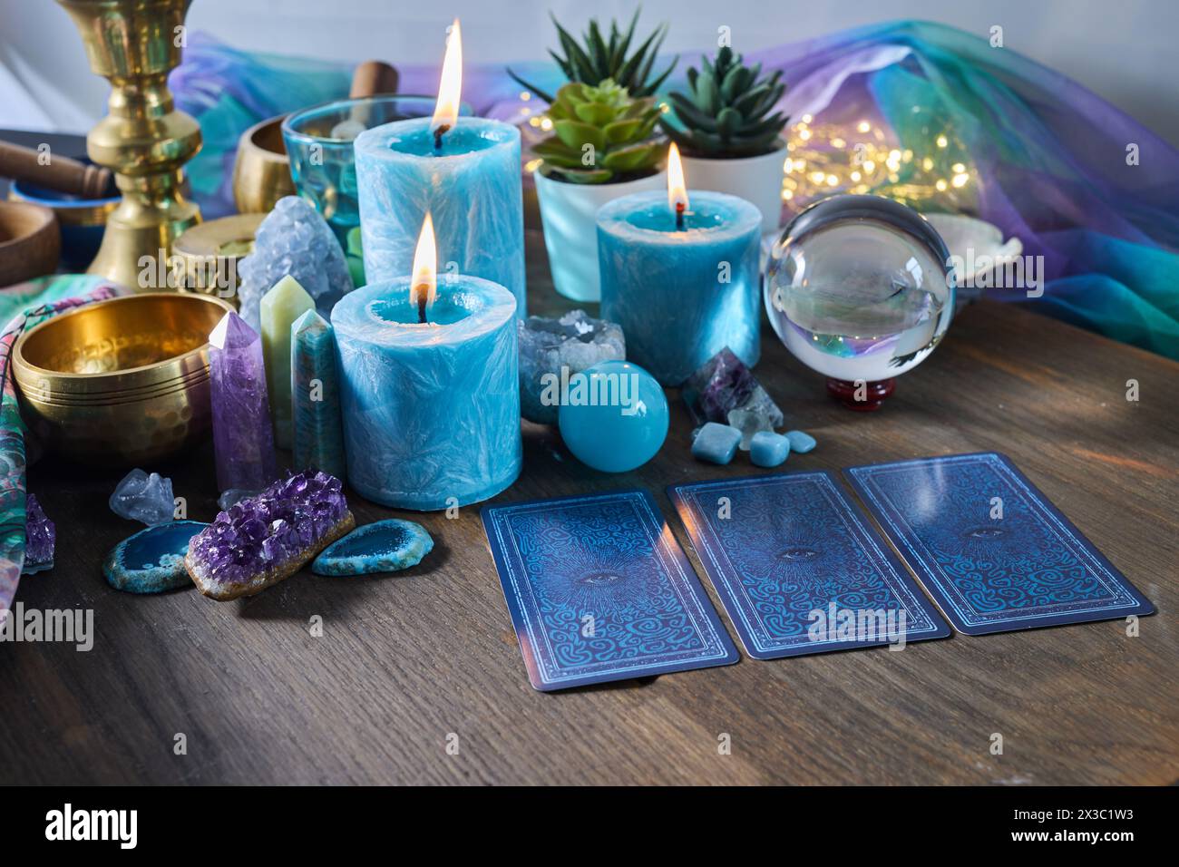 Mystic Tarot Reading Set up with Candles and Crystals Stock Photo - Alamy