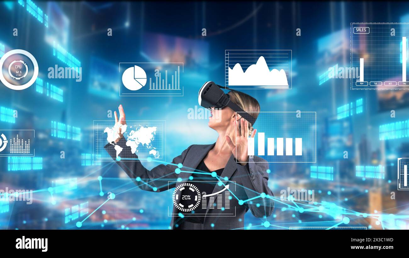 Woman reporter explaining dynamic market data calculated analysis ...