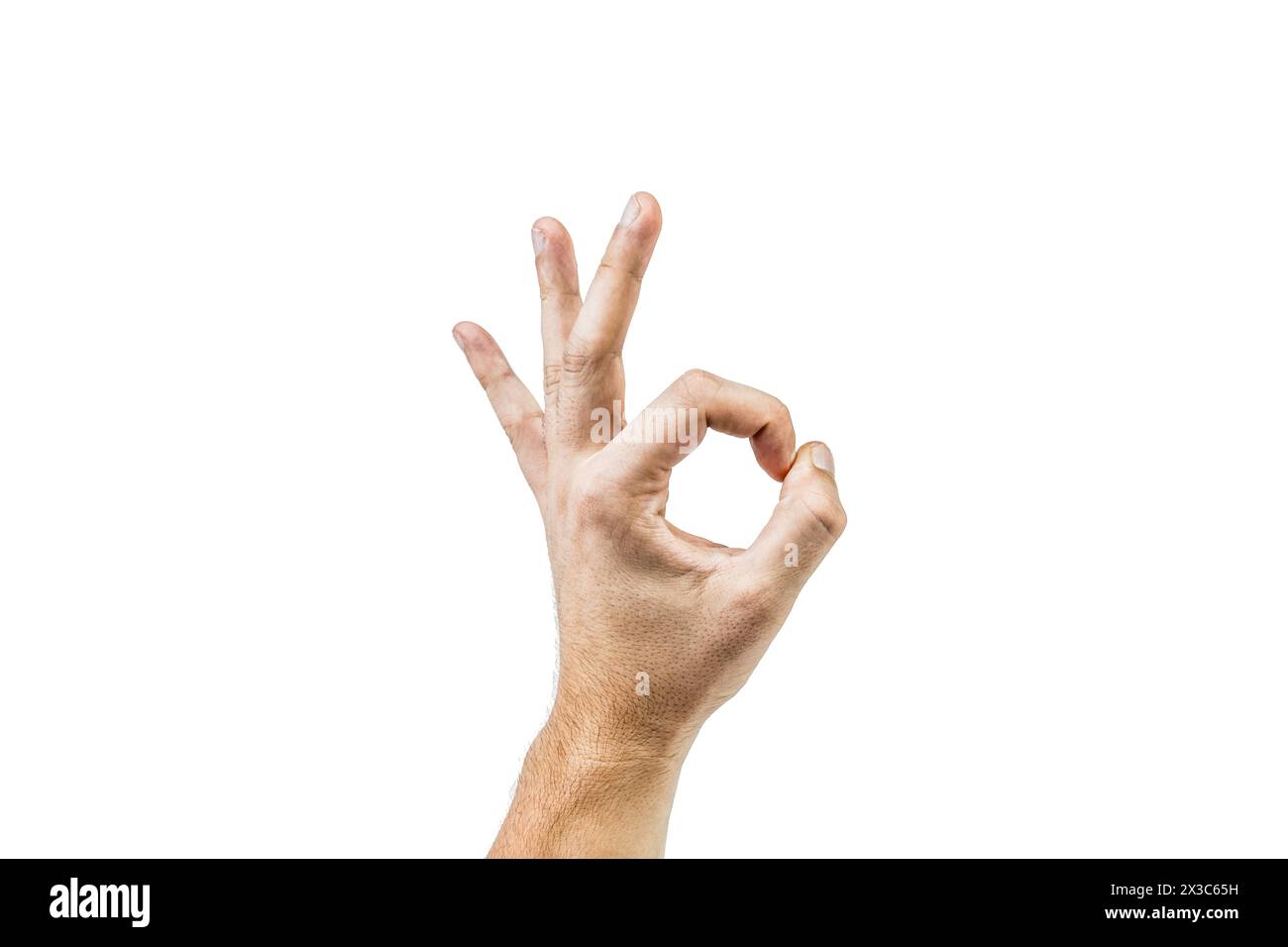 The male hand showing OK sign. It is against a white background. Close ...