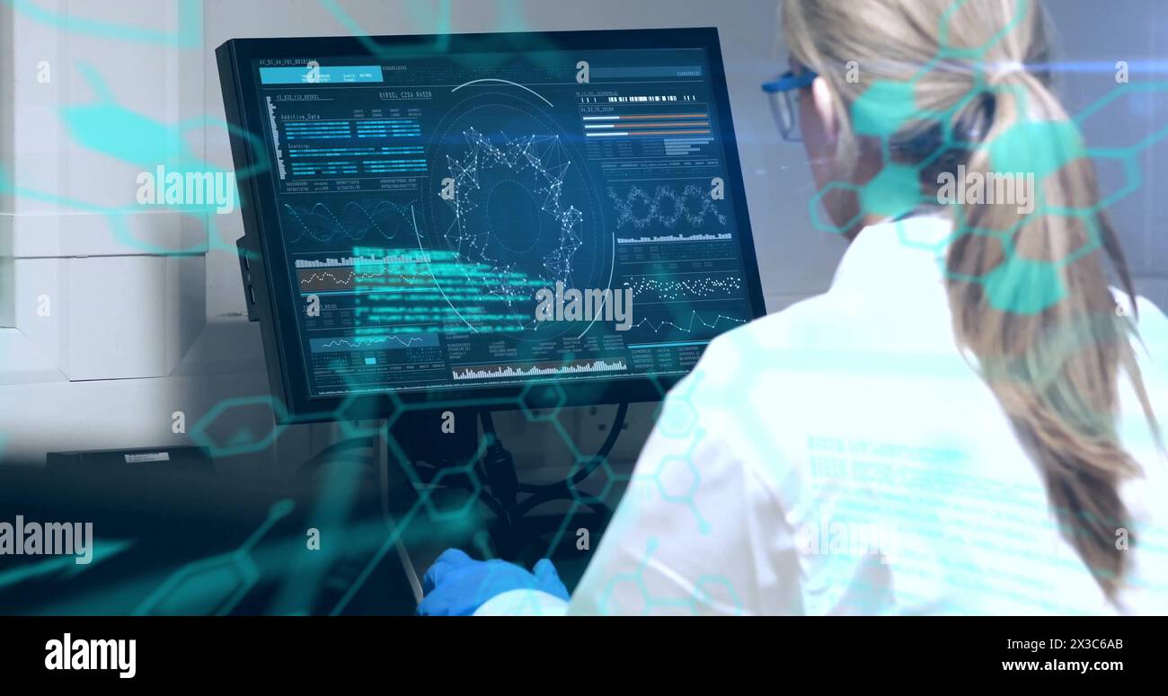 Image of scientific data processing over caucasian female scientist ...