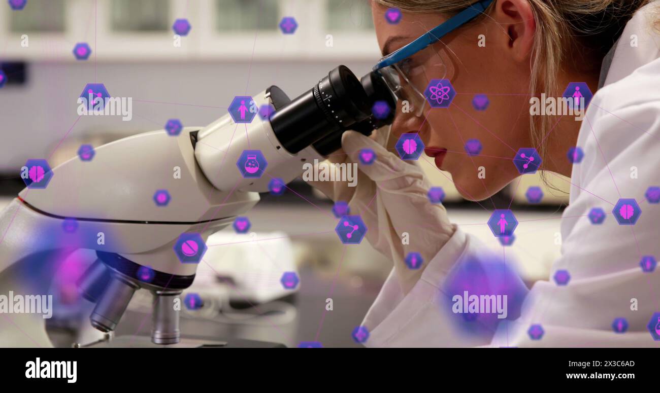 Image of network of connection with interface medical icons over female ...